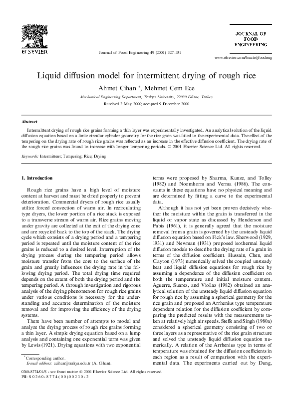 (PDF) Liquid diffusion model for intermittent drying of rough rice