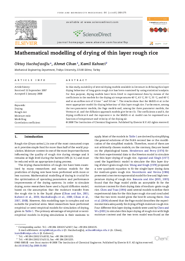 (PDF) Mathematical modelling of drying of thin layer rough rice