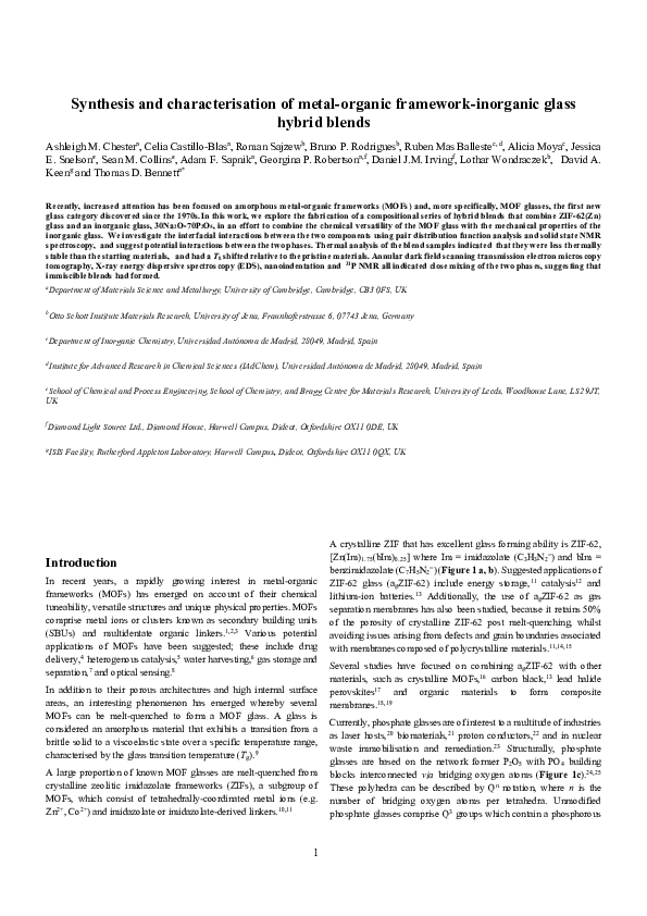 (PDF) Synthesis and characterisation of metal-organic framework-inorganic glass hybrid blends