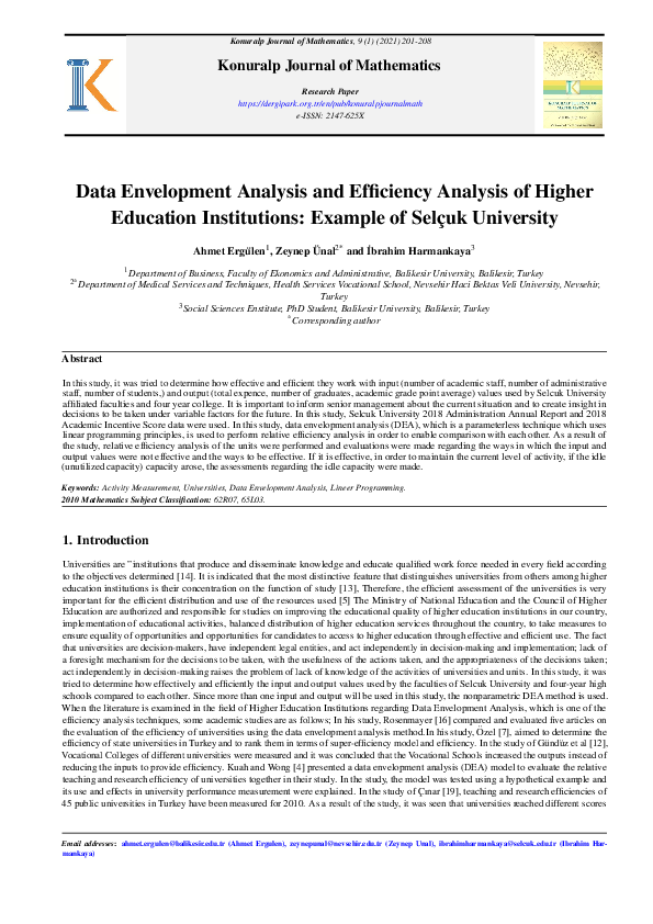 Pdf Data Envelopment Analysis And Efficiency Analysis Of Higher Education Institutions 