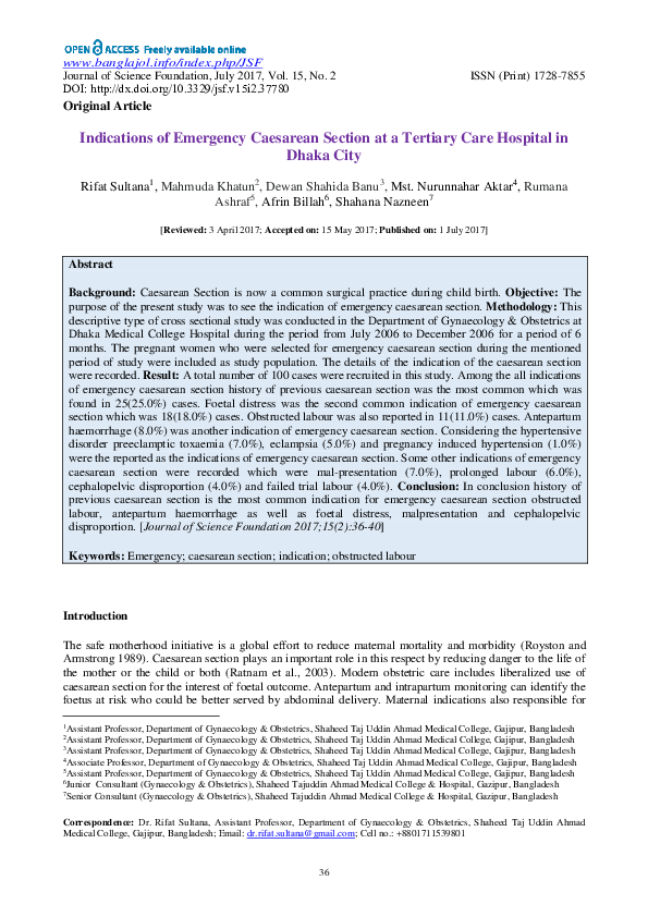 (PDF) Indications of Emergency Caesarean Section at a Tertiary Care ...