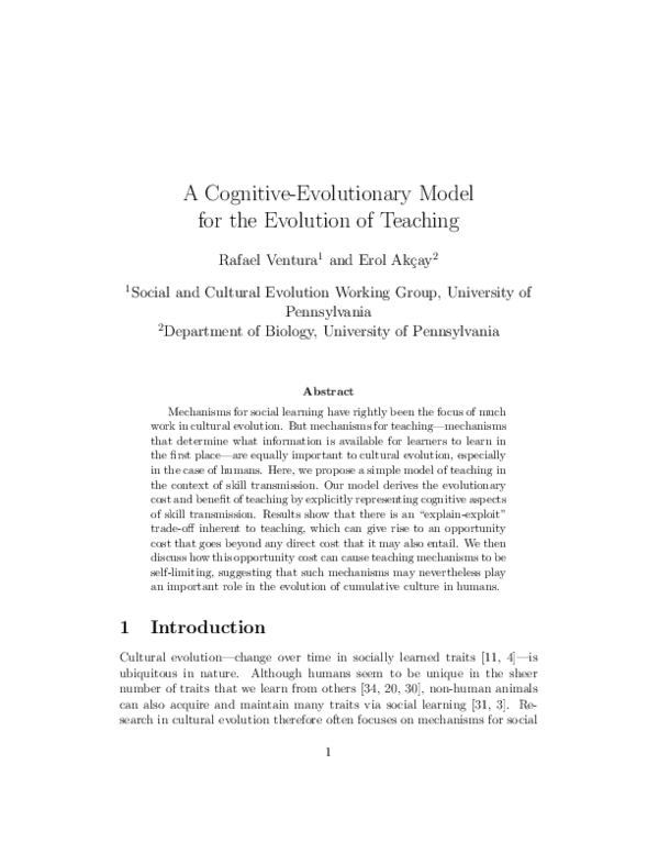 (PDF) A cognitive-evolutionary model for the evolution of teaching