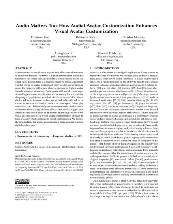 (PDF) Audio Matters Too: How Audial Avatar Customization Enhances ...