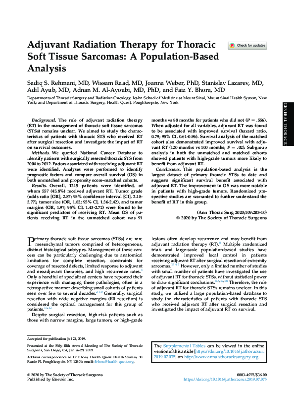(PDF) Adjuvant Radiation Therapy for Thoracic Soft Tissue Sarcomas: A ...