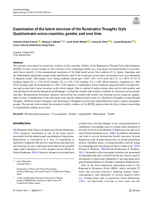 Pdf Examination Of The Latent Structure Of The Ruminative Thoughts Style Questionnaire Across