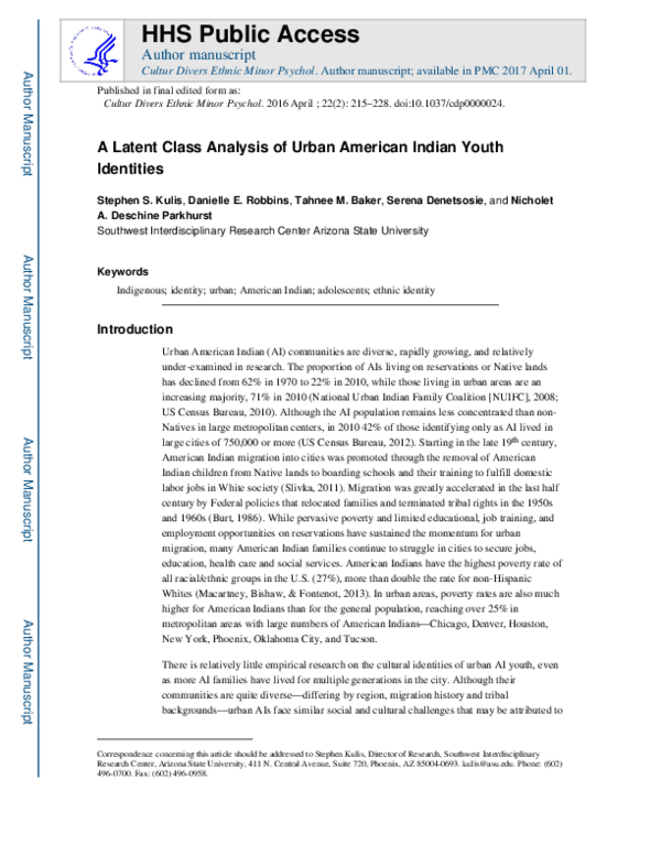 (PDF) A latent class analysis of urban American Indian youth identities