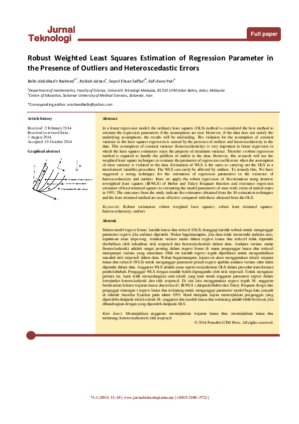 Pdf Robust Weighted Least Squares Estimation Of Regression Parameter In The Presence Of