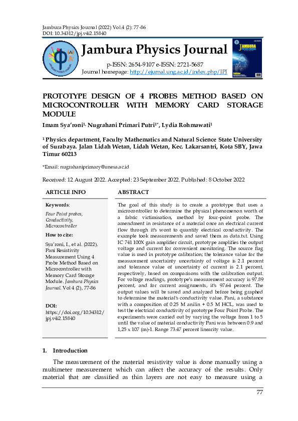 (PDF) Prototype Design of 4 Probe Method Based on Microcontroller with ...