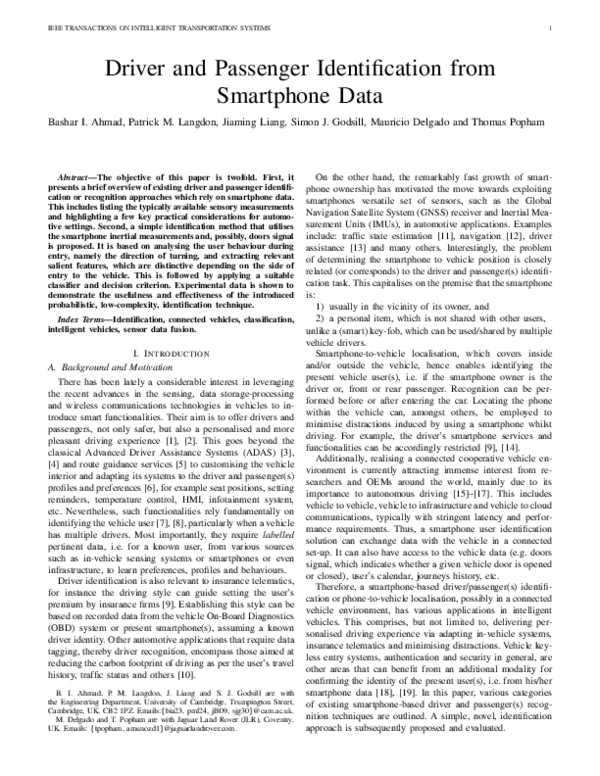 (PDF) Driver and Passenger Identification From Smartphone Data