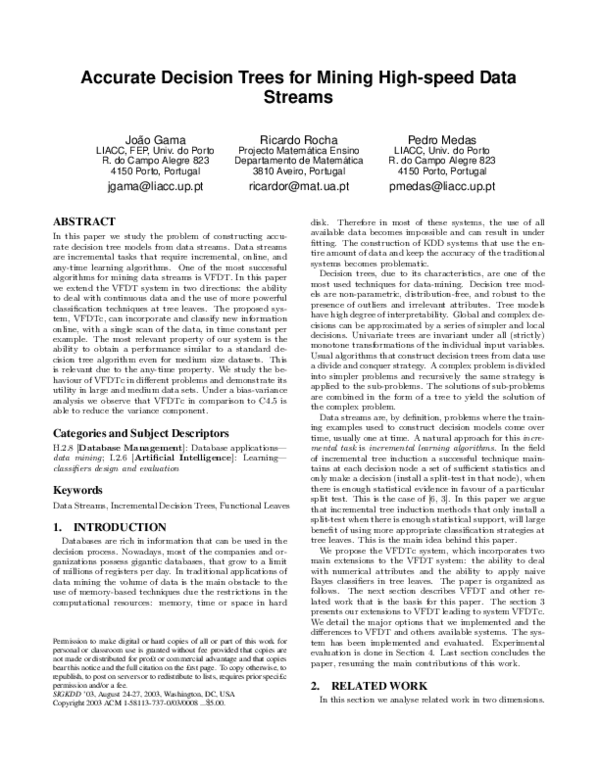 (PDF) Accurate decision trees for mining high-speed data streams