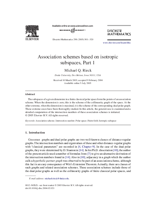(PDF) Association schemes based on isotropic subspaces, Part 1