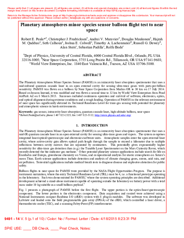(PDF) Planetary atmospheres minor species sensor balloon flight test to ...