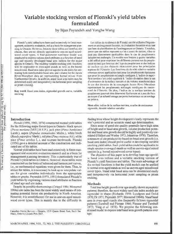 (PDF) Variable stocking version of Plonski's yield tables formulated