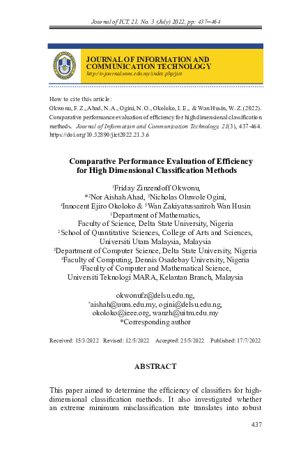 Pdf Comparative Performance Evaluation Of Efficiency For High Dimensional Classification