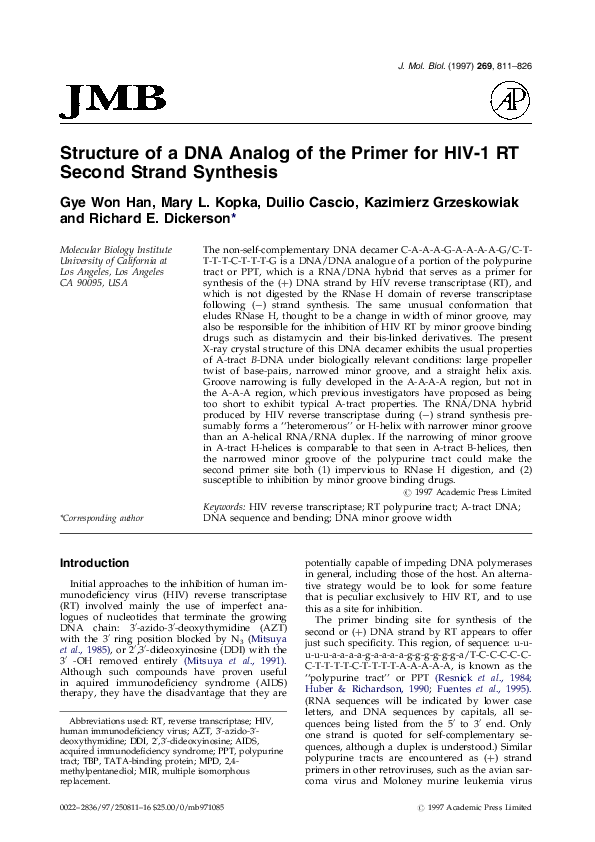 (PDF) Structure of a DNA analog of the primer for HIV-1 RT second ...