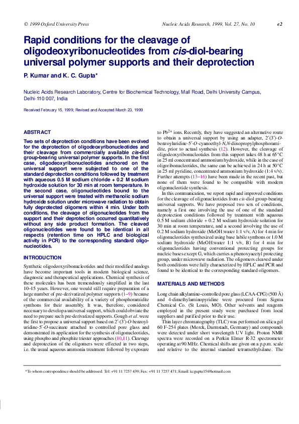 (PDF) Rapid conditions for the cleavage of oligodeoxyribonucleotides ...