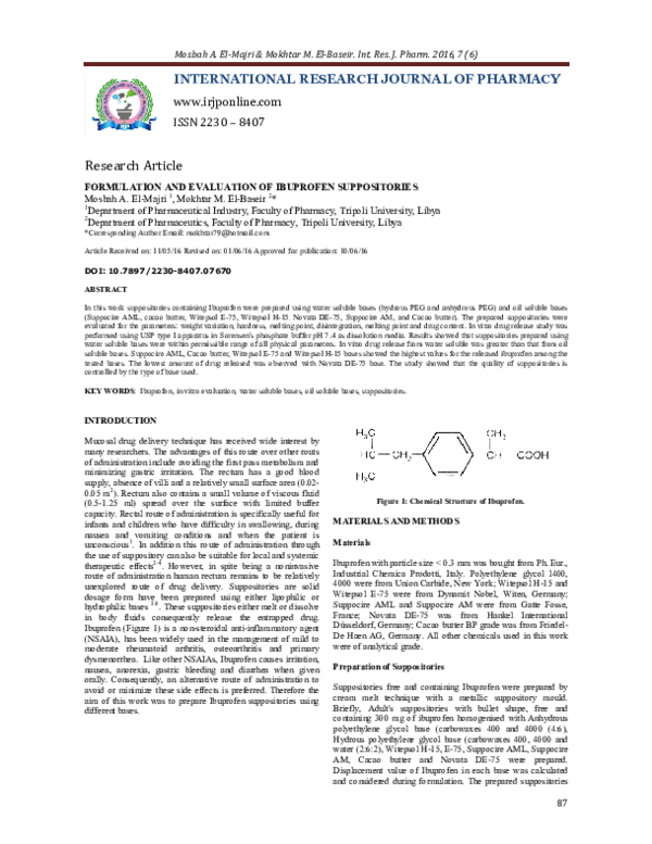 Pdf Formulation And Evaluation Of Ibuprofen Suppositories