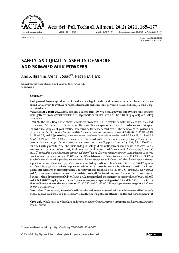 (PDF) Safety and quality aspects of whole and skimmed milk powders [pdf]