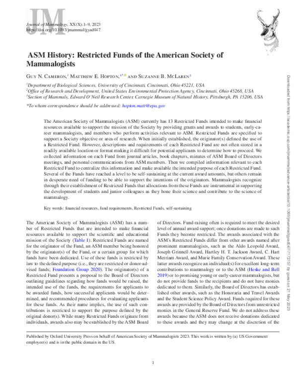 (PDF) ASM History: Restricted Funds of the American Society of Mammalogists