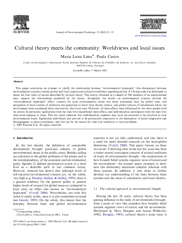 (PDF) Cultural theory meets the community: Worldviews and local issues