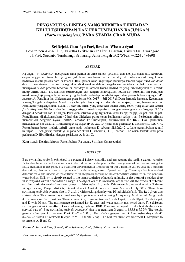 (PDF) PENGARUH SALINITAS YANG BERBEDA TERHADAP KELULUSHIDUPAN DAN PERTUMBUHAN RAJUNGAN (Portunus ...