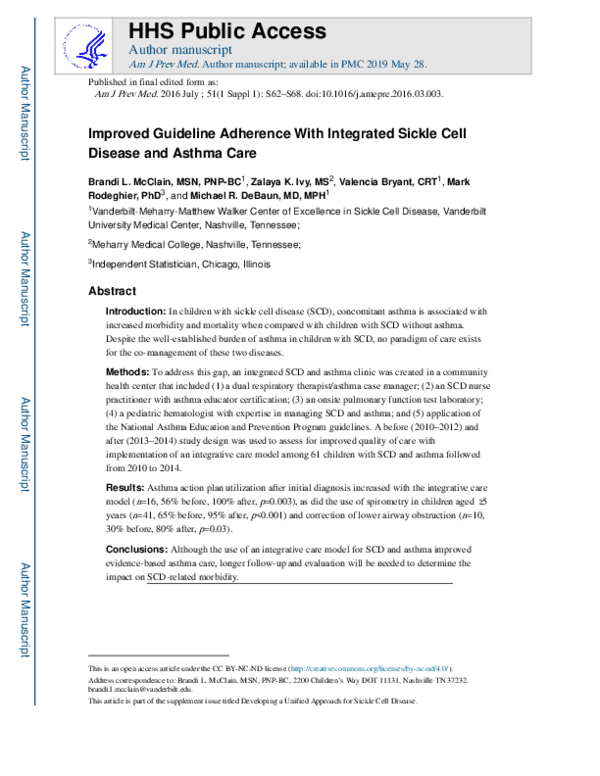 (PDF) Improved Guideline Adherence With Integrated Sickle Cell Disease ...