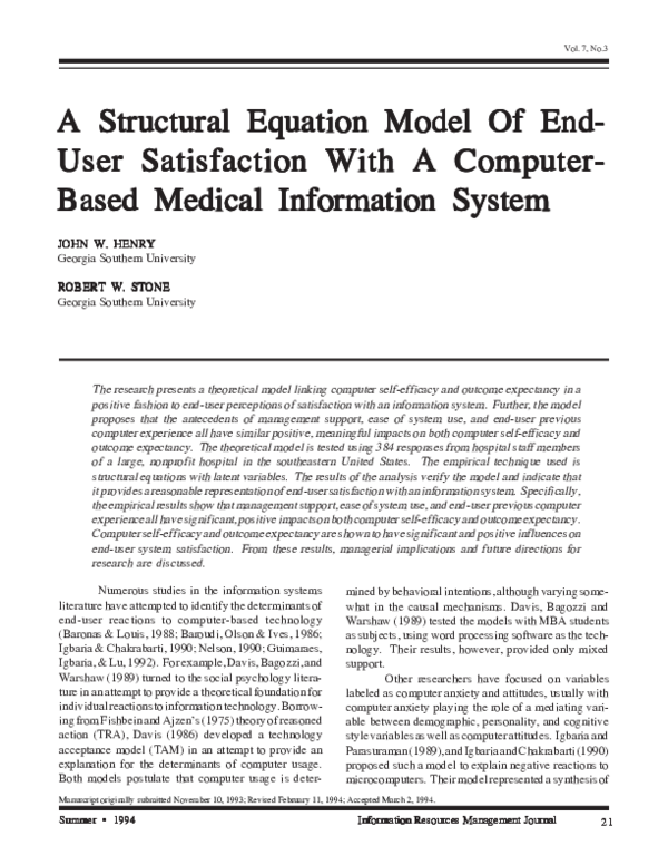 (PDF) A Structural Equation Model Of End-User Satisfaction With A Computer-Based Medical ...