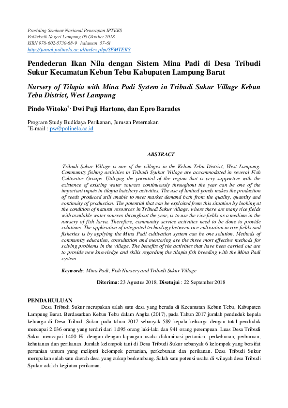 (PDF) Pendederan Ikan Nila dengan Sistem Mina Padi di Desa Tribudi ...