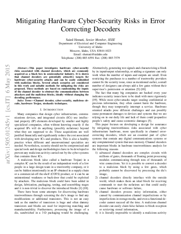 (PDF) Mitigating hardware cyber-security risks in error correcting decoders