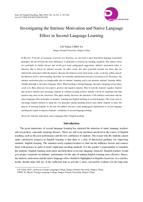 (PDF) Investigating the Intrinsic Motivation and Native Language Effect in Second Language Learning