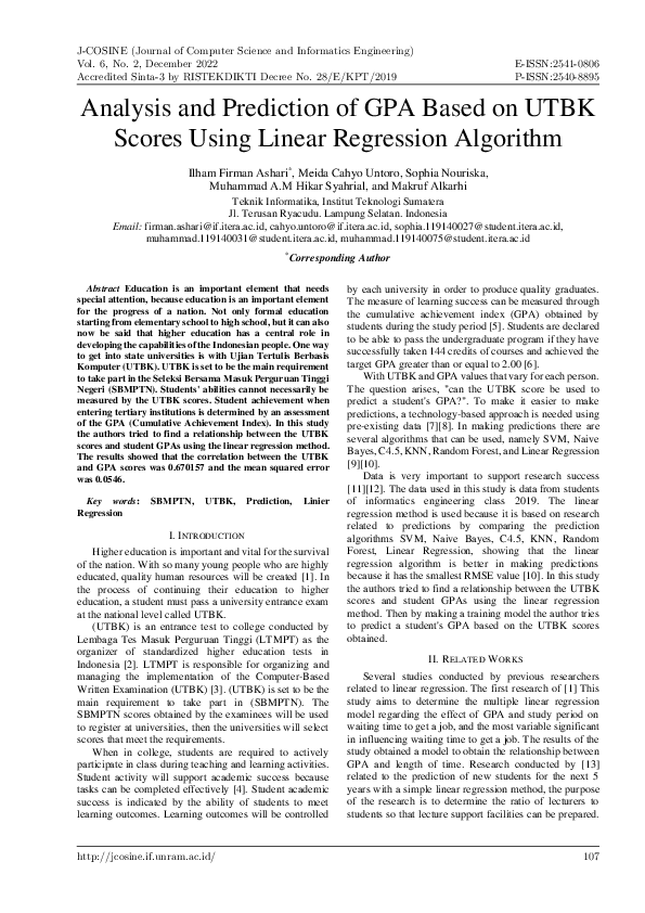 (PDF) Analysis and Prediction of GPA Based on UTBK scores Using Linear Regression Algorithm