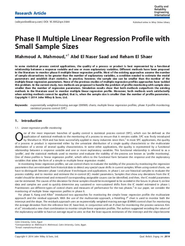(PDF) Phase II Multiple Linear Regression Profile with Small Sample Sizes