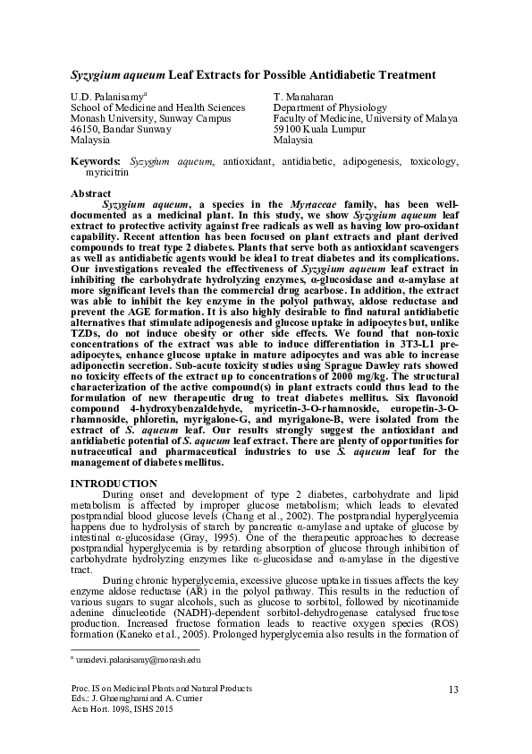 (PDF) Syzygium Aqueum Leaf Extracts for Possible Antidiabetic Treatment