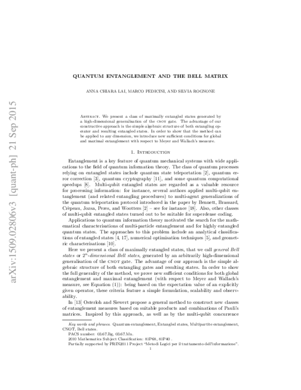 (PDF) Quantum entanglement and the Bell matrix