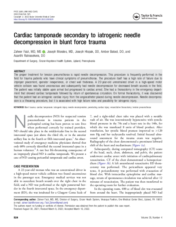 (PDF) Cardiac tamponade secondary to iatrogenic needle decompression in ...