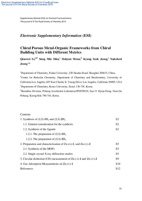 (PDF) Chiral porous metal–organic frameworks from chiral building units ...