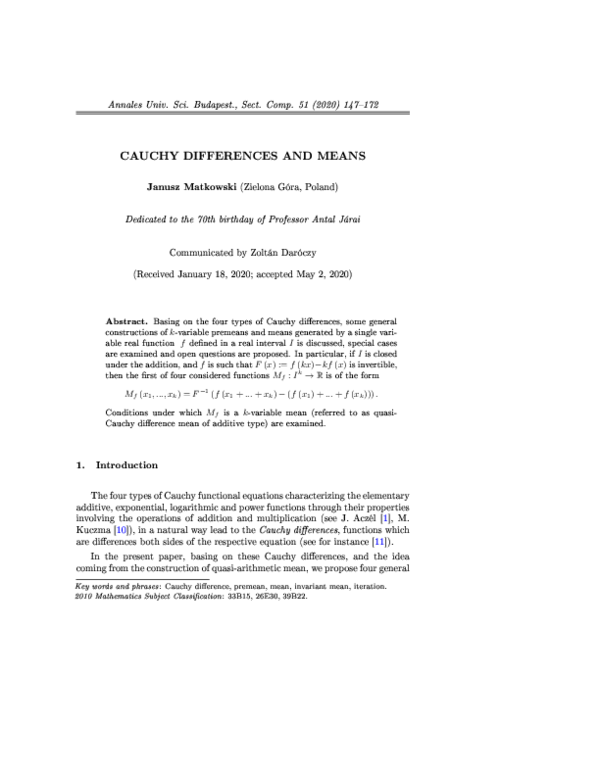 (PDF) Cauchy Differences and Means