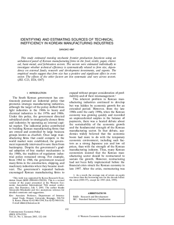 (PDF) Identifying and Estimating Sources of Technical Inefficiency in Korean Manufacturing ...