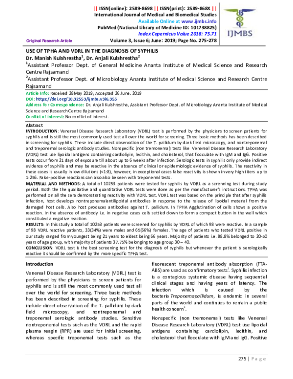 (PDF) Use of Tpha and VDRL in the Diagnosis of Syphilis