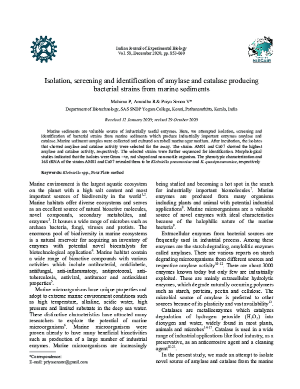 (PDF) Isolation, screening and identification of amylase and catalase producing bacterial ...