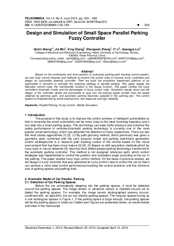 Design and Simulation of Small Space Parallel Parking Fuzzy Controller