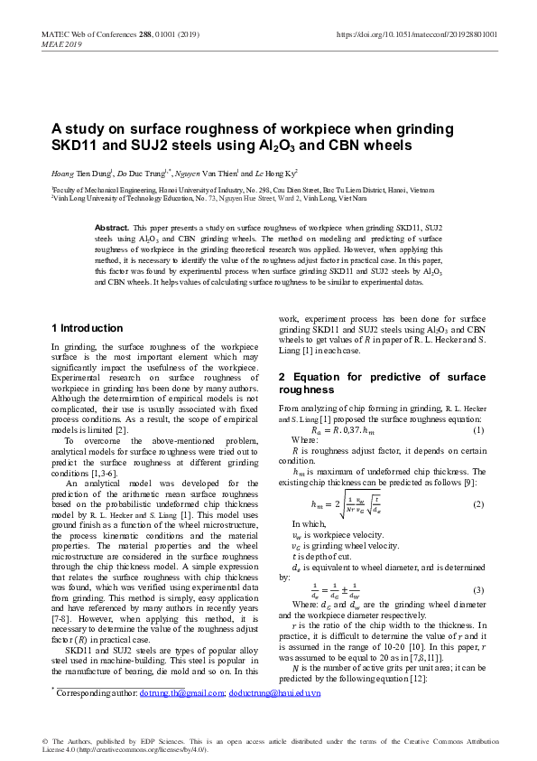 (PDF) A study on surface roughness of workpiece when grinding SKD11 and SUJ2 steels using Al2O3 ...