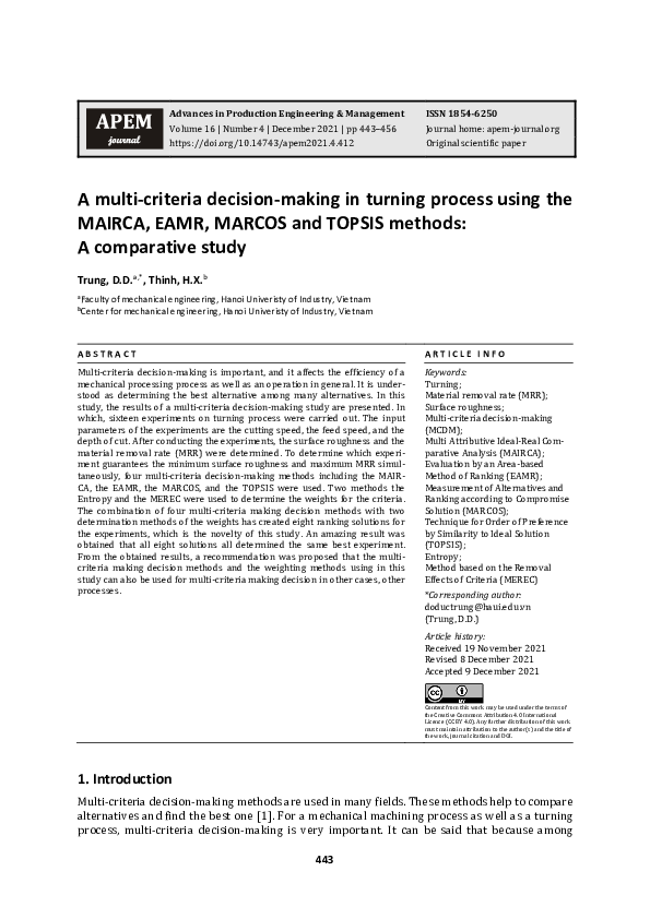(PDF) A multi-criteria decision-making in turning process using the MAIRCA, EAMR, MARCOS and ...