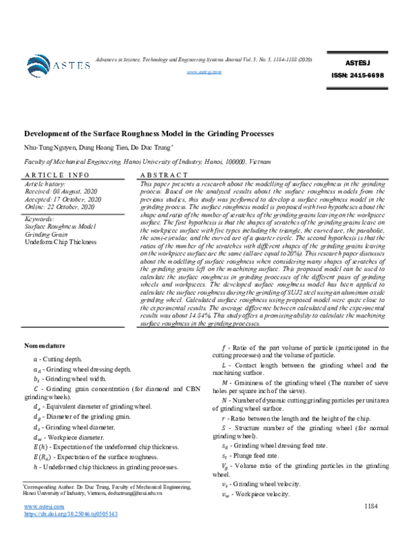 (PDF) Development of the Surface Roughness Model in the Grinding Processes