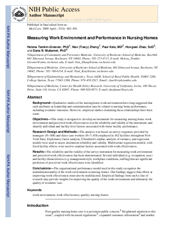 (PDF) Measuring Work Environment and Performance in Nursing Homes