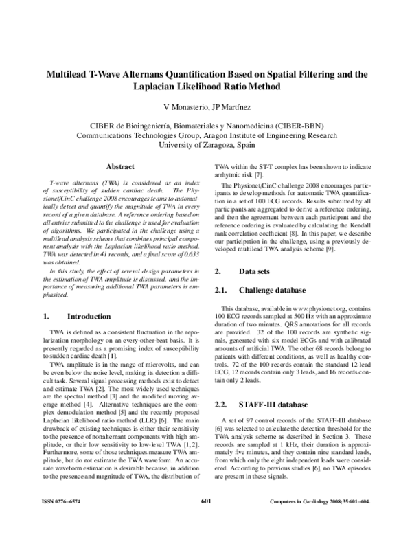 (PDF) Multilead T-wave alternans quantification based on spatial filtering and the Laplacian ...
