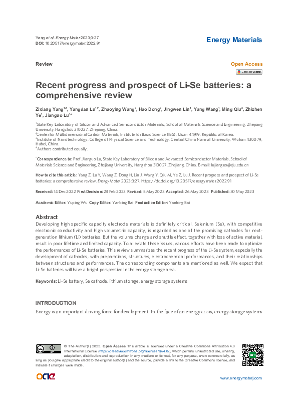 (PDF) Recent progress and prospect of Li-Se batteries: a comprehensive ...