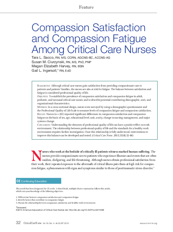 (PDF) Compassion Satisfaction and Compassion Fatigue Among Critical Care Nurses