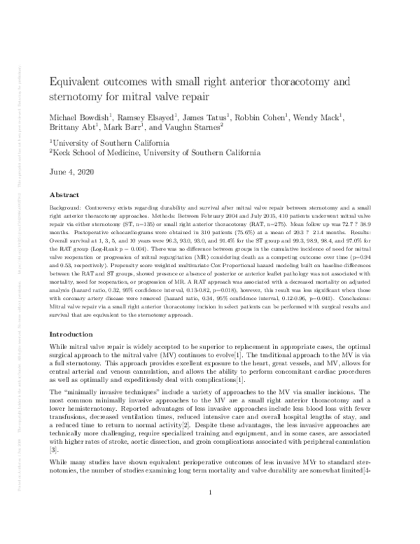 (PDF) Equivalent outcomes with small right anterior thoracotomy and ...
