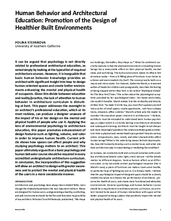 (PDF) Human Behavior and Architectural Education: Promotion of the Design of Healthier Built ...